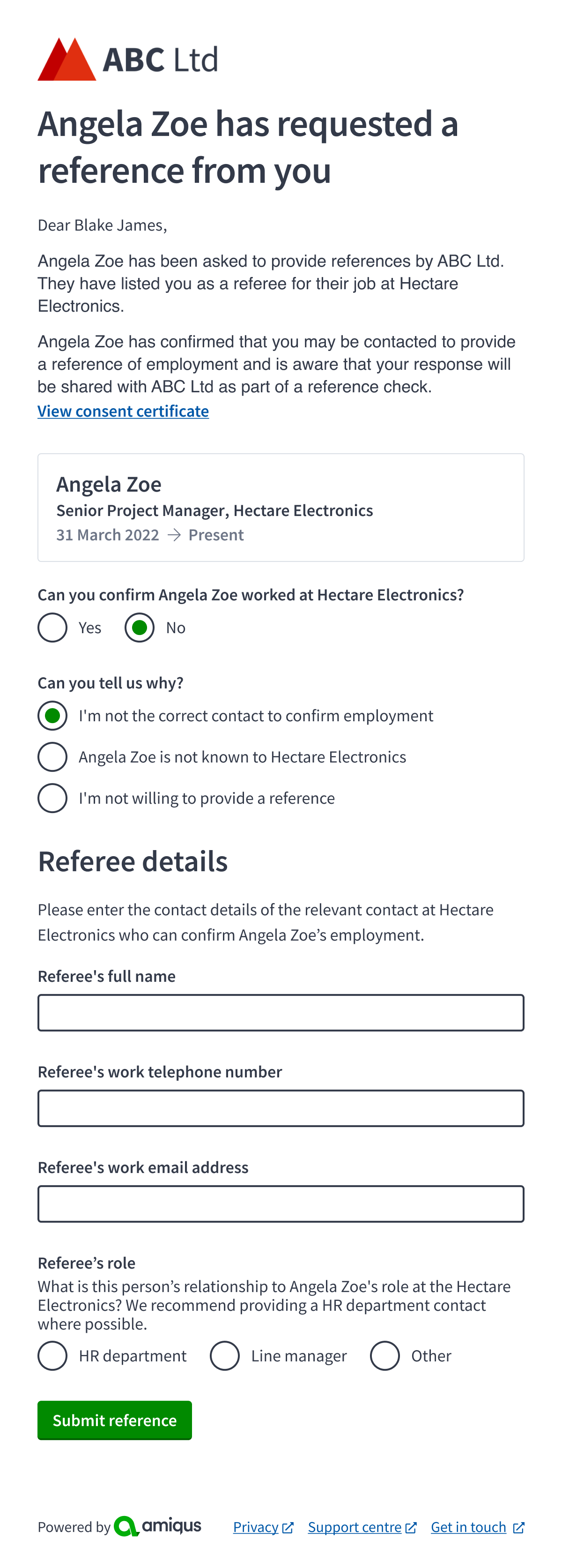 Automated Employment Referencing: Referee Confirmation – Amiqus Support