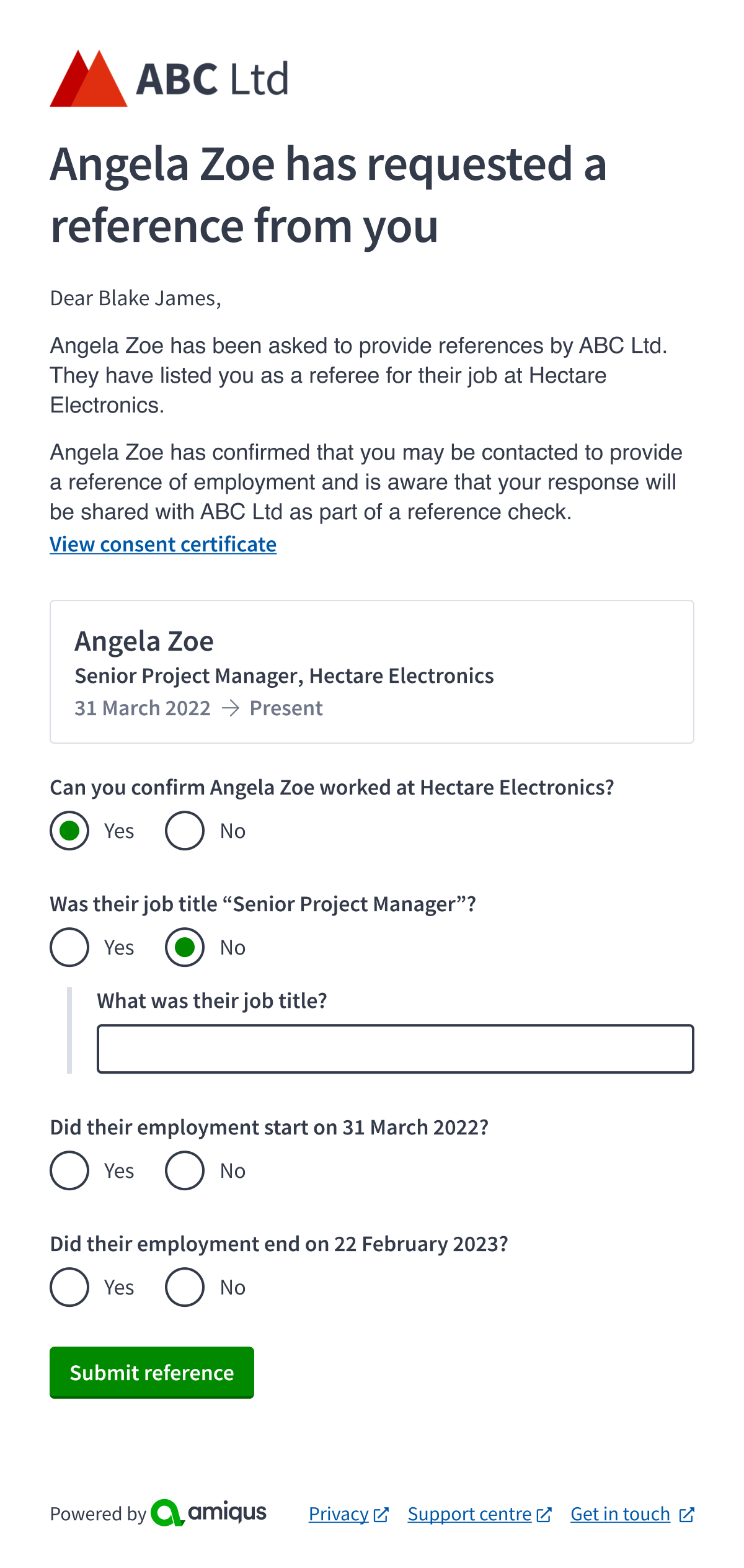 Automated Employment Referencing: Referee Confirmation – Amiqus Support